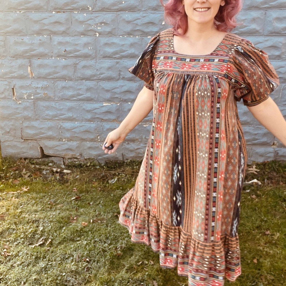 Vintage Ruth Norman Boho Puff Sleeve Dress Size Medium - Gem